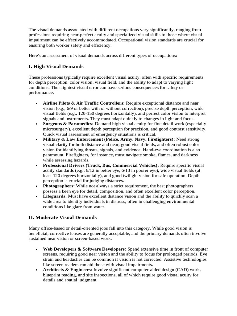 Visual Demands by Occupation Explained | PDF | Visual Acuity | Visual ...
