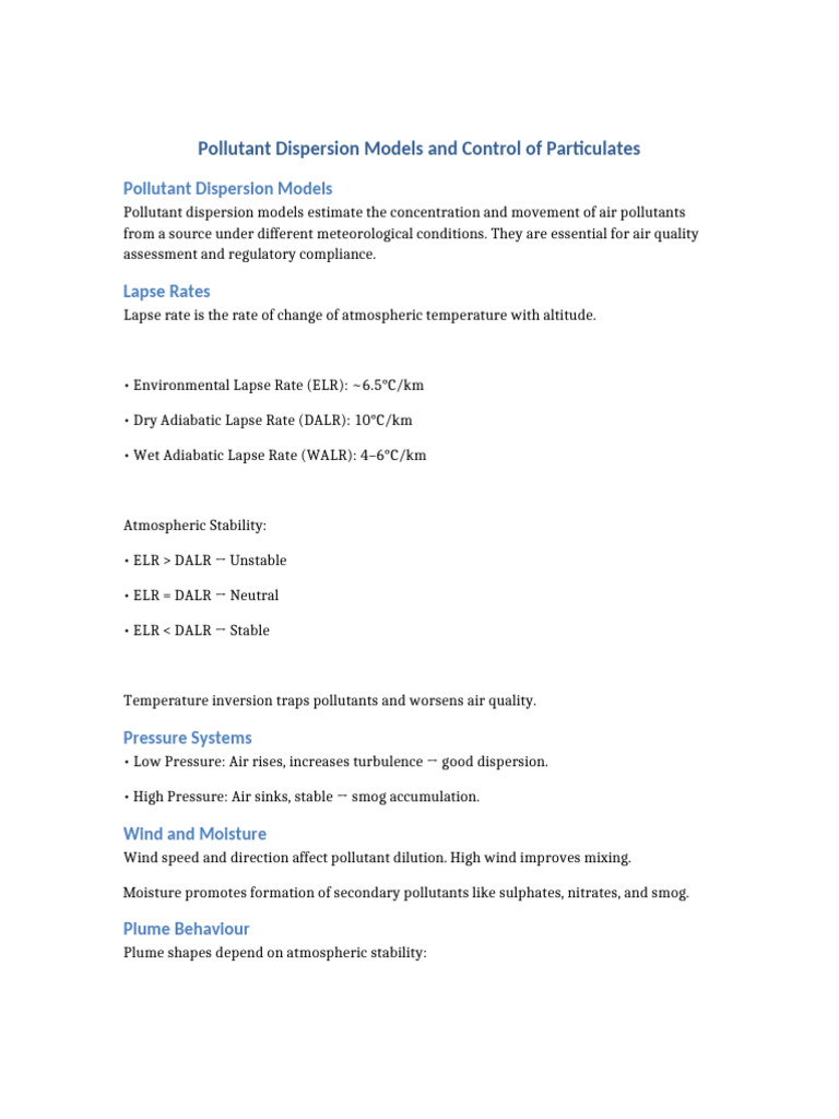Pollutant Dispersion and Particulate Control | PDF | Chemical ...