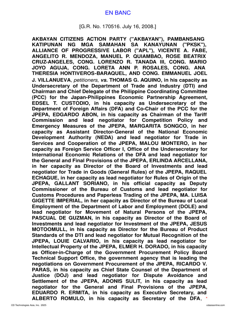 Akbayan Citizens Party v. Aquino, G.R. No. 170516, July 16, 2008 | PDF ...