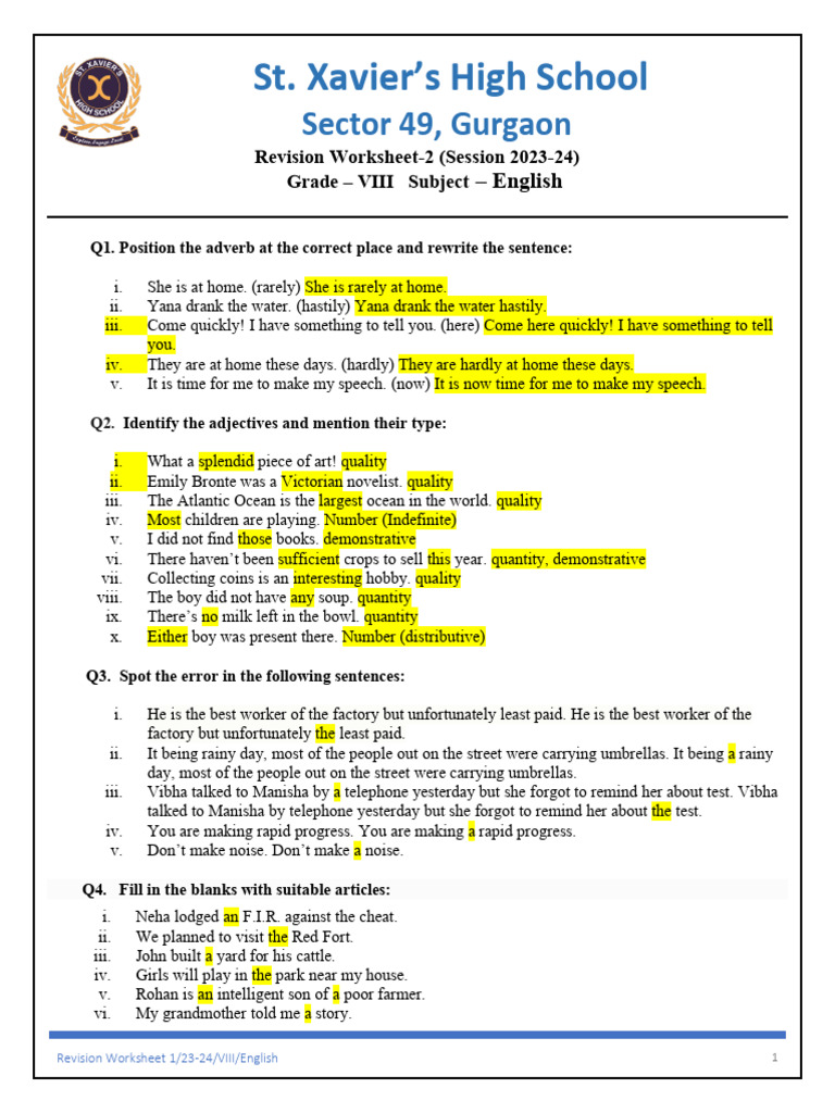 Answer Key Revision Worksheet-2 Final Term Grade VIII | PDF