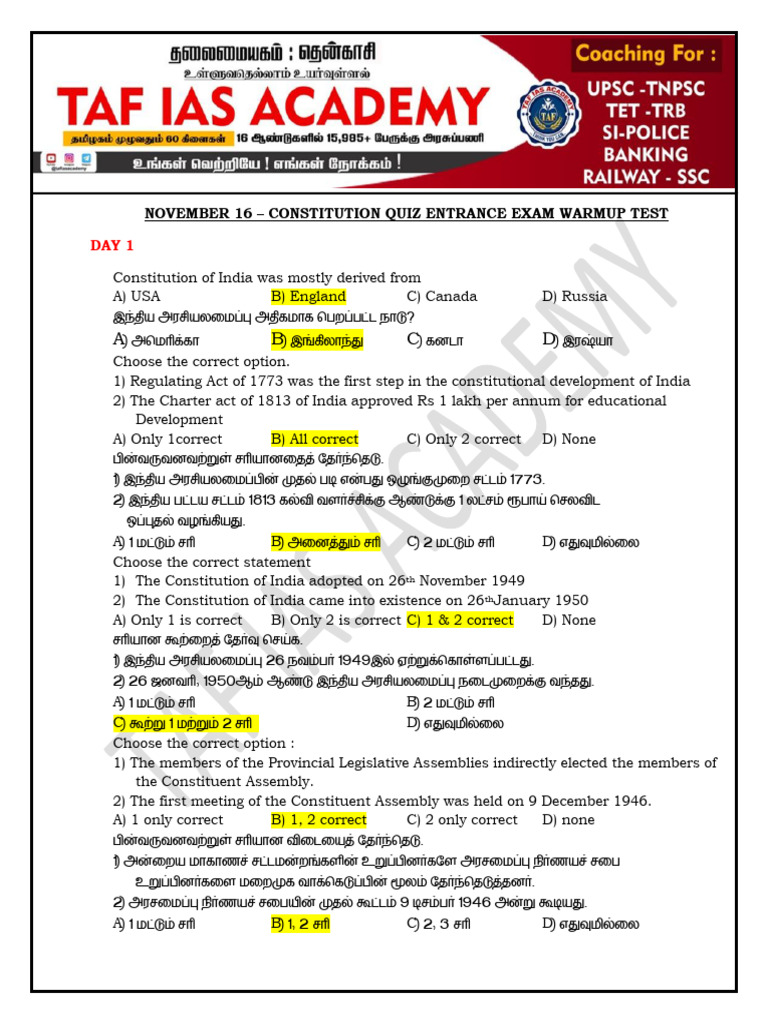 Constitution Quiz Entrance Exam Day 1 | PDF | Habeas Corpus | Justice