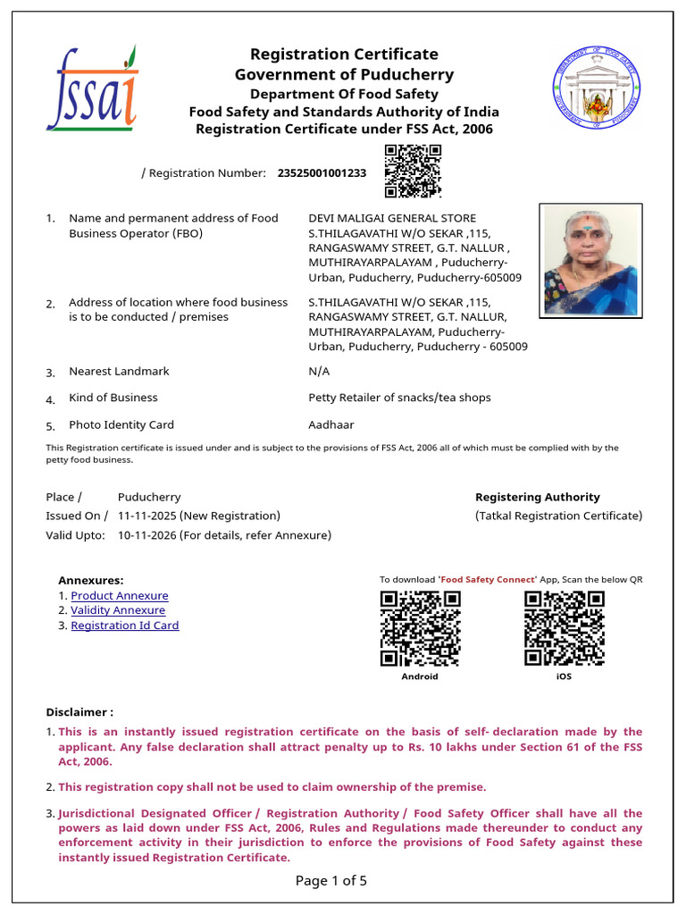 Devi Maligai Food License | PDF | Identity Document