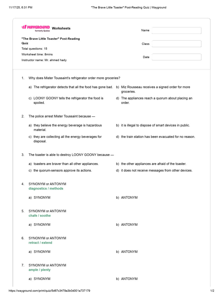 "Brave Little Toaster" Quiz Worksheet | PDF | Chess Theory | Chess