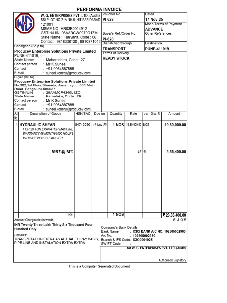 Performa Invoice for W. G. Enterprises | PDF