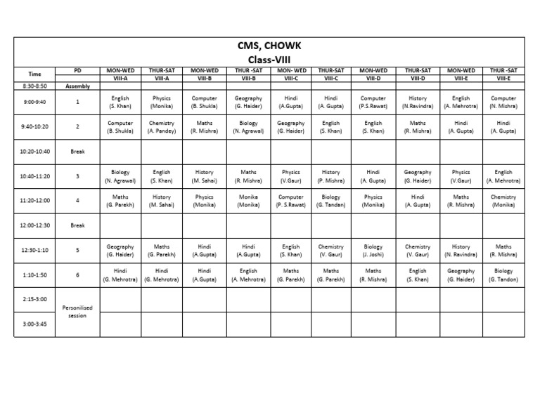 Time Table Class 8 | PDF