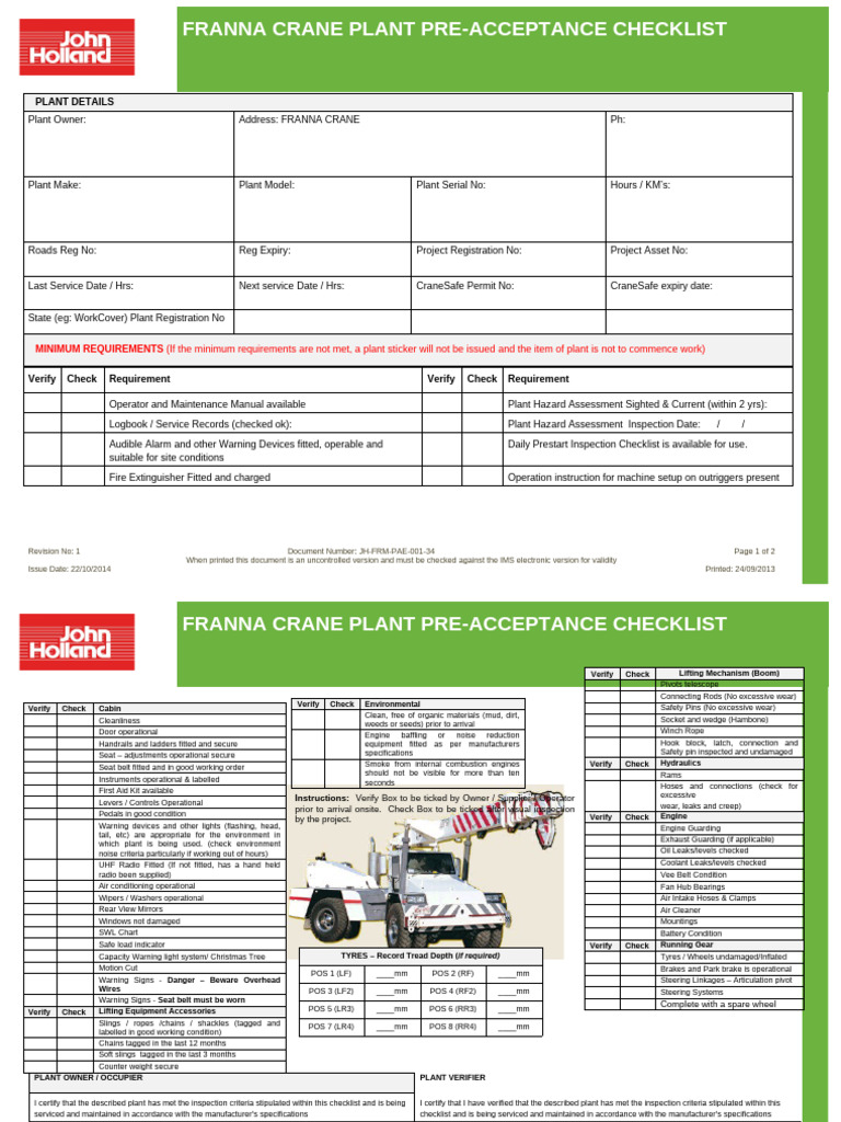 Jh Frm Pae 001 34 Franna Crane Plant Pre Acceptance Checklist | PDF ...