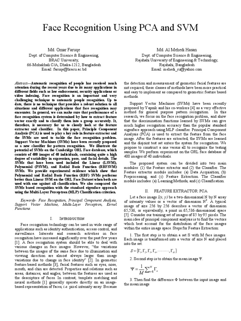 Face Recognition Using Pca And Svm Pdf Support Vector Machine Statistical Classification