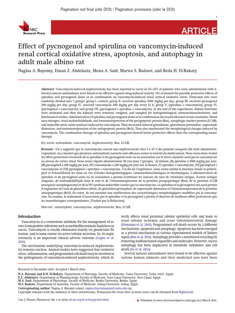 Effect of Pycnogenol and Spirulina on Vancomycin-Induced Renal Cortical ...