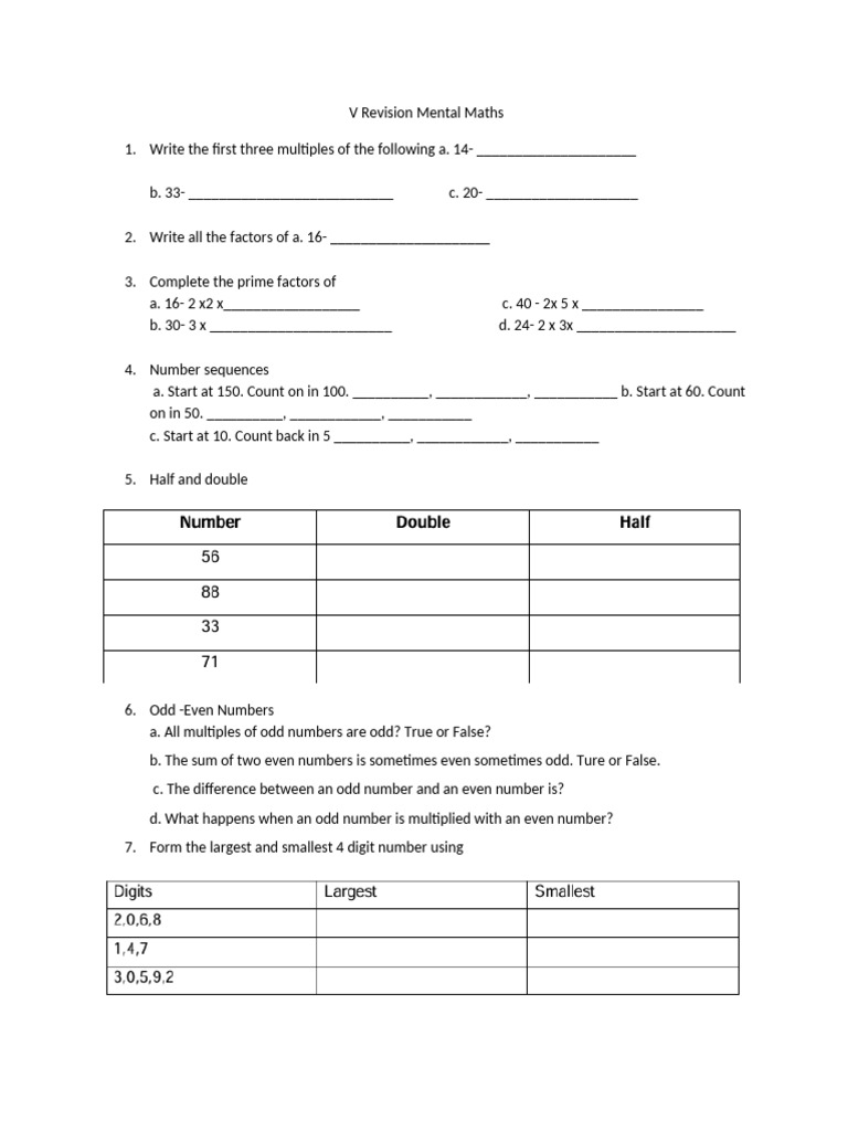 V Revision Mental Maths | PDF