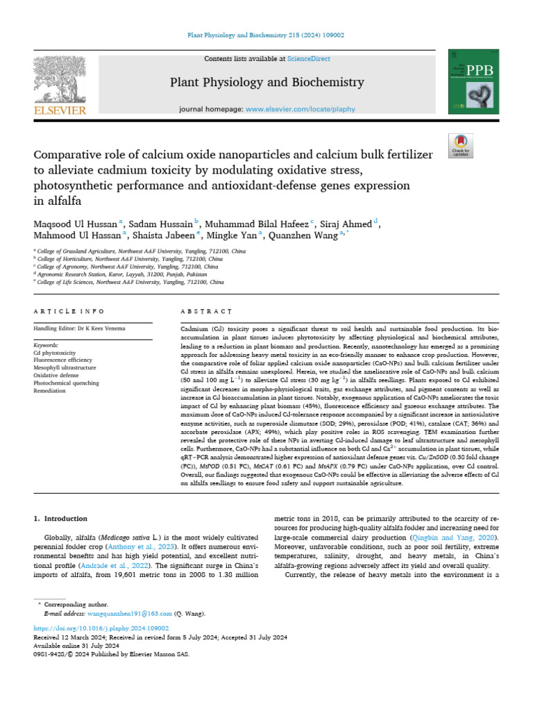 Comparative Role of Calcium Oxide Nanoparticles | PDF | Superoxide Dismutase | Soil