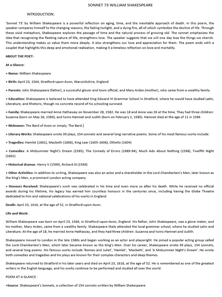 Sonnet 73 William Shakespeare | PDF | William Shakespeare | Sonnets