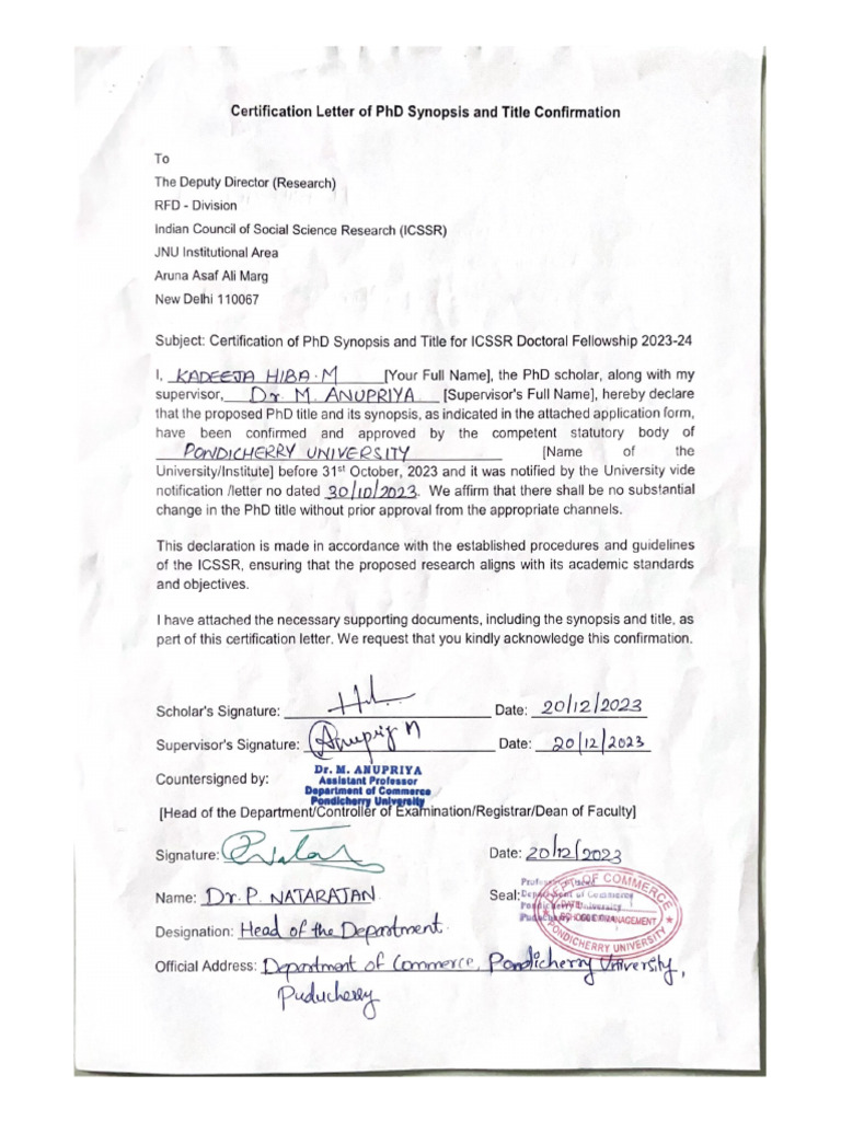 Certification Letter of PhD Synopsis and Title Confirmation | PDF