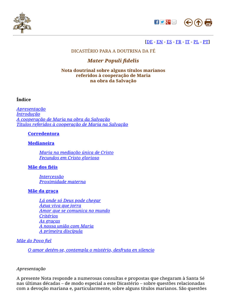 Nota Doutrinal Mater Populi | PDF | Maria, mãe de Jesus | Jesus