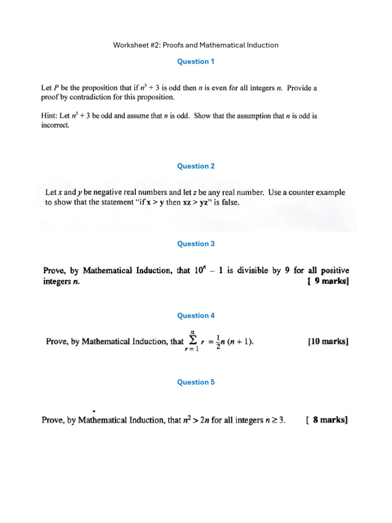 Worksheet 2- Proofs and Mathematical Induction | PDF