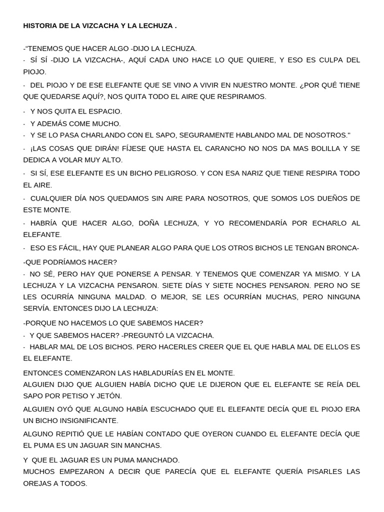 HISTORIA DE LA VIZCACHA Y LA LECHUZA | PDF
