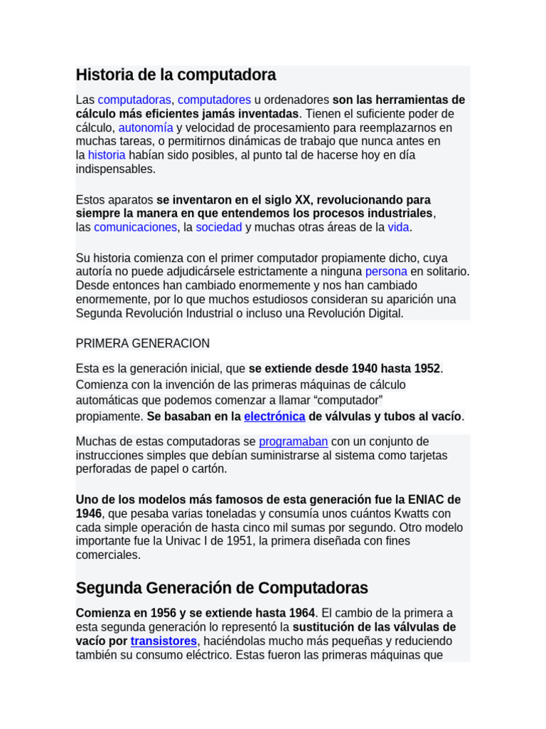 Evolución de las Computadoras: Historia y Generaciones | PDF ...