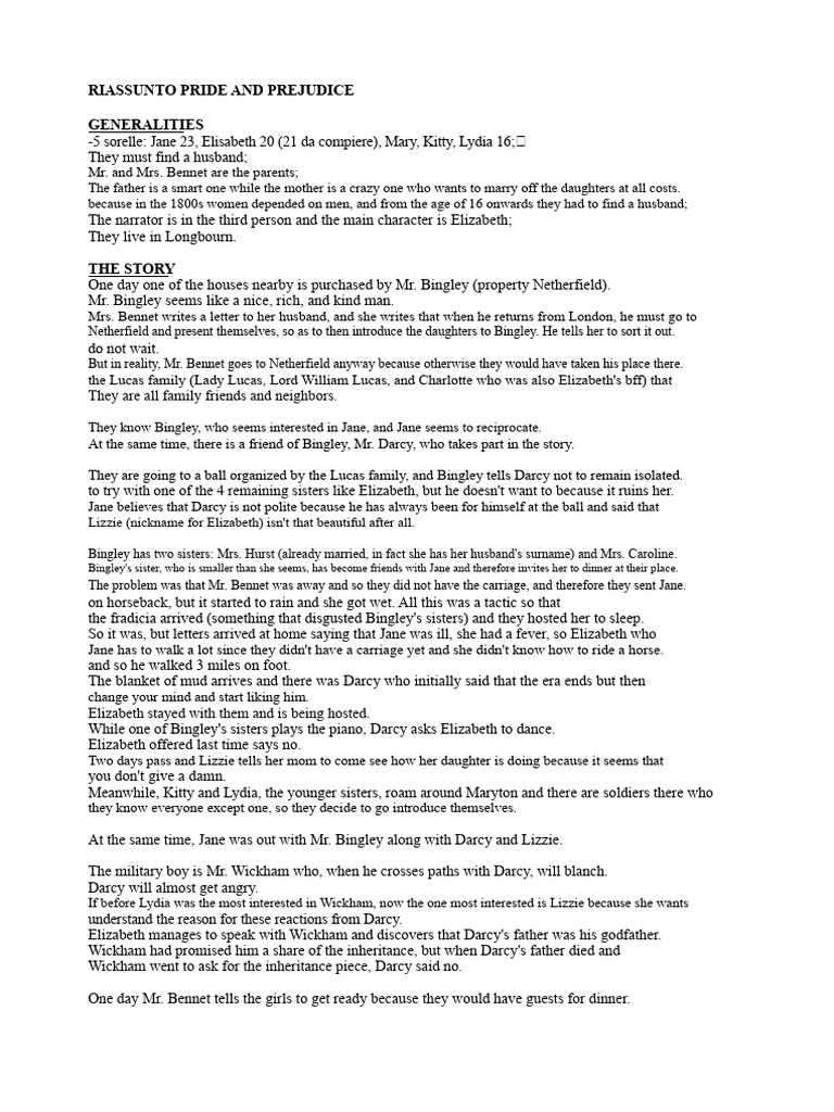 Pride and Prejudice Summary Overview | PDF | Pride And Prejudice | Mr ...