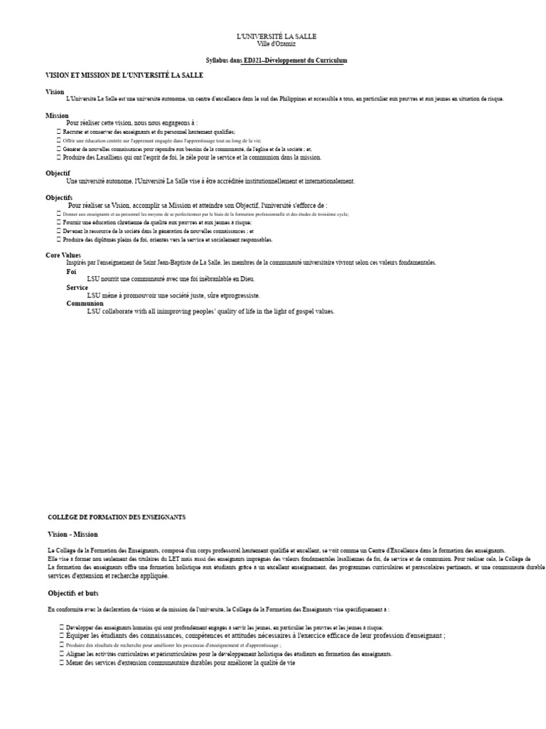 Vision et Mission de l'Université La Salle | PDF | Apprentissage ...