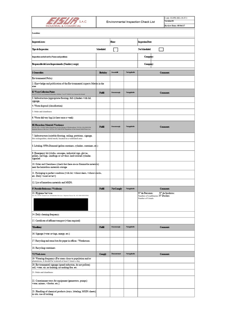 EI-PR-SIG-18-F11 Environmental Inspection Checklist | PDF | Dangerous Goods | Recycling