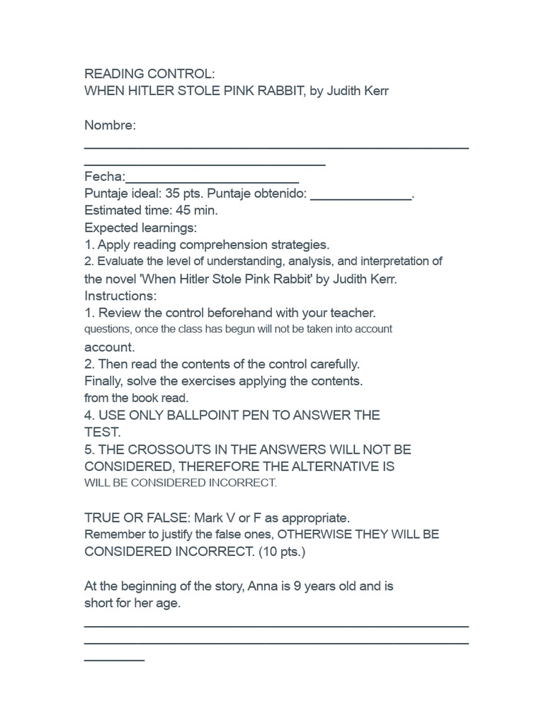 Reading Control When Hitler Stole The Pink Rabbit | PDF | Reading ...