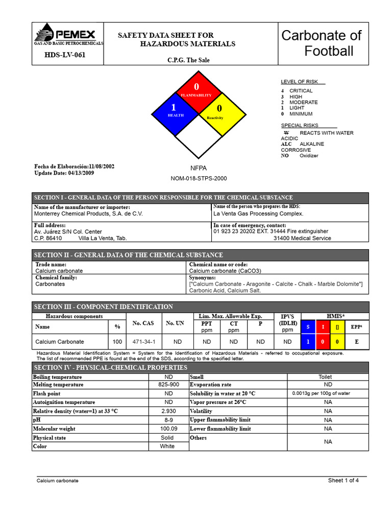HDS-LV-061 CALCIUM CARBONATE ok | PDF | Water | Sodium