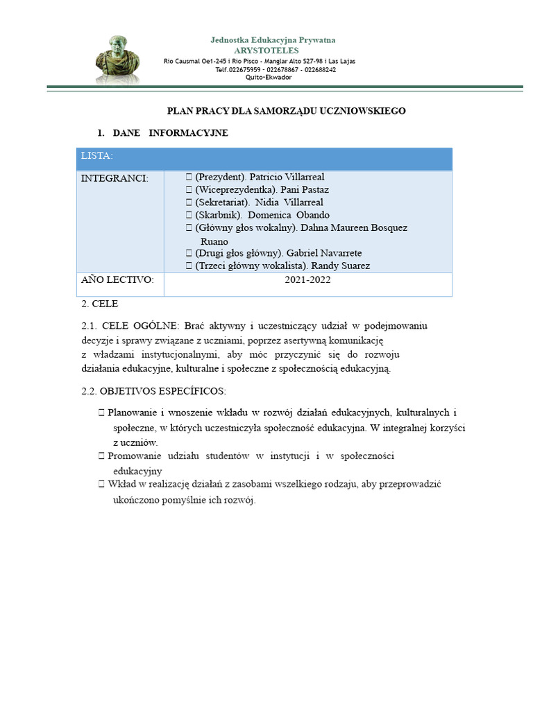 Plan Pracy Dla Rady Studentów Lista A | PDF