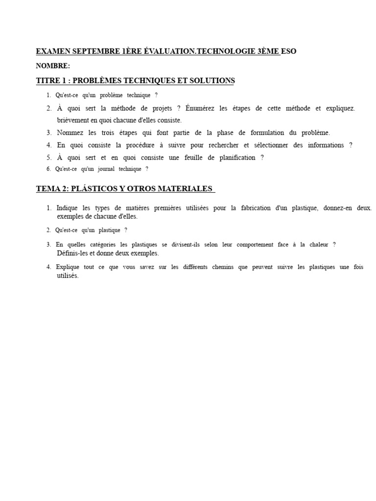 Examen Technologie 3ème ESO - Évaluations | PDF | Courant électrique ...
