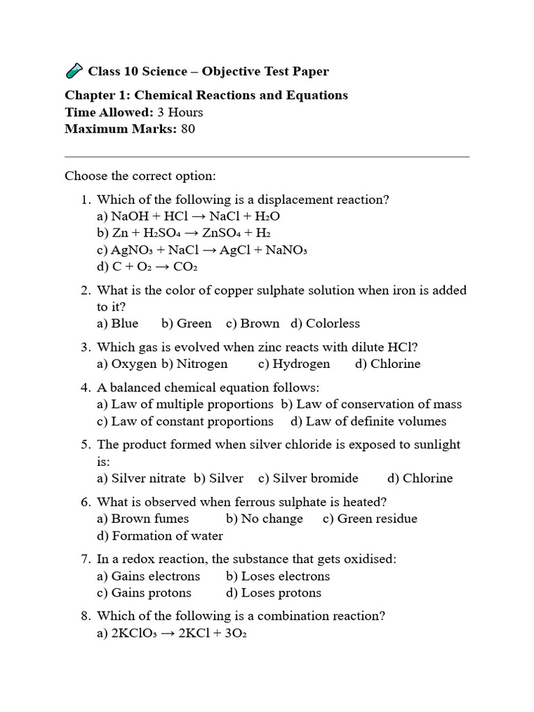 CH 1 Chemical Test With Answerkey | PDF | Chemical Reactions | Redox