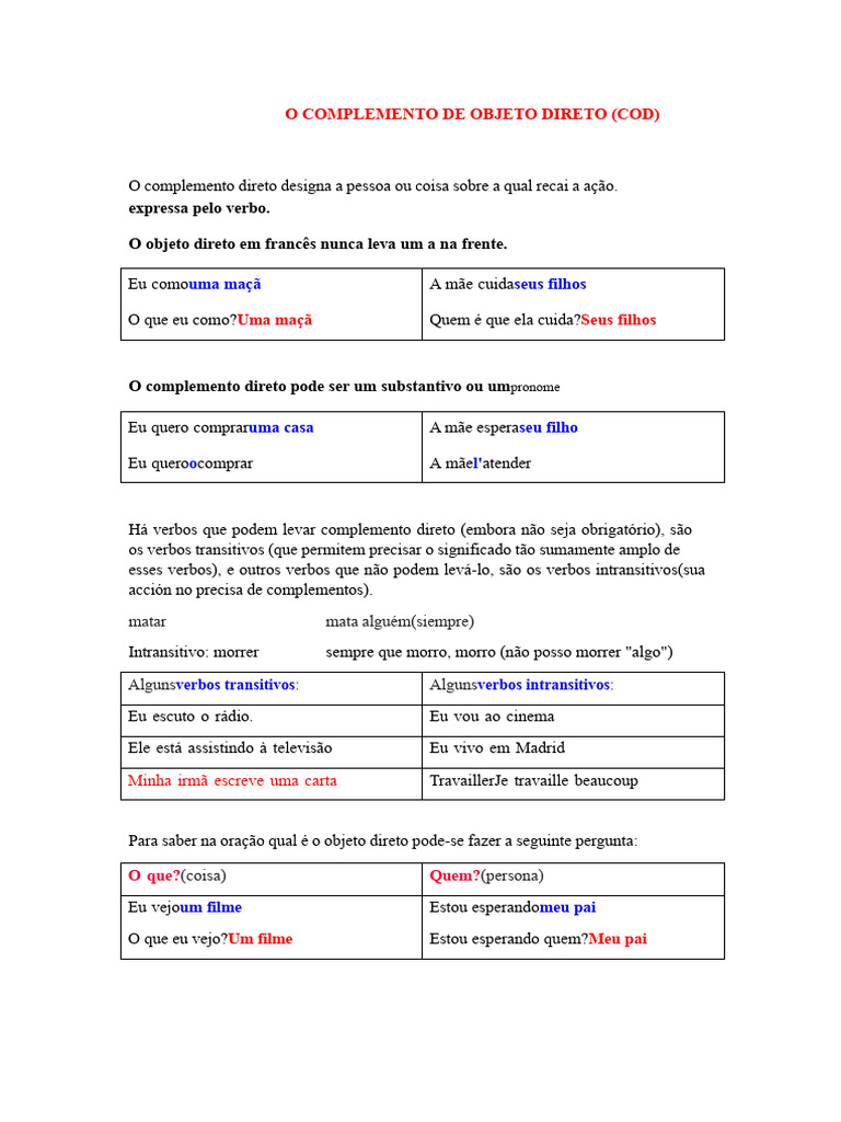 Francês-Complemento Direto e Indireto | PDF | Pronome | Objeto (gramática)