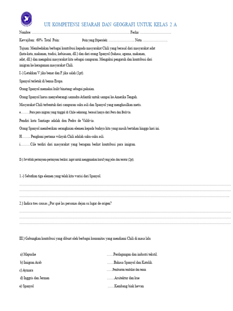 UJIAN Warisan Imigran Kelas 2 | PDF