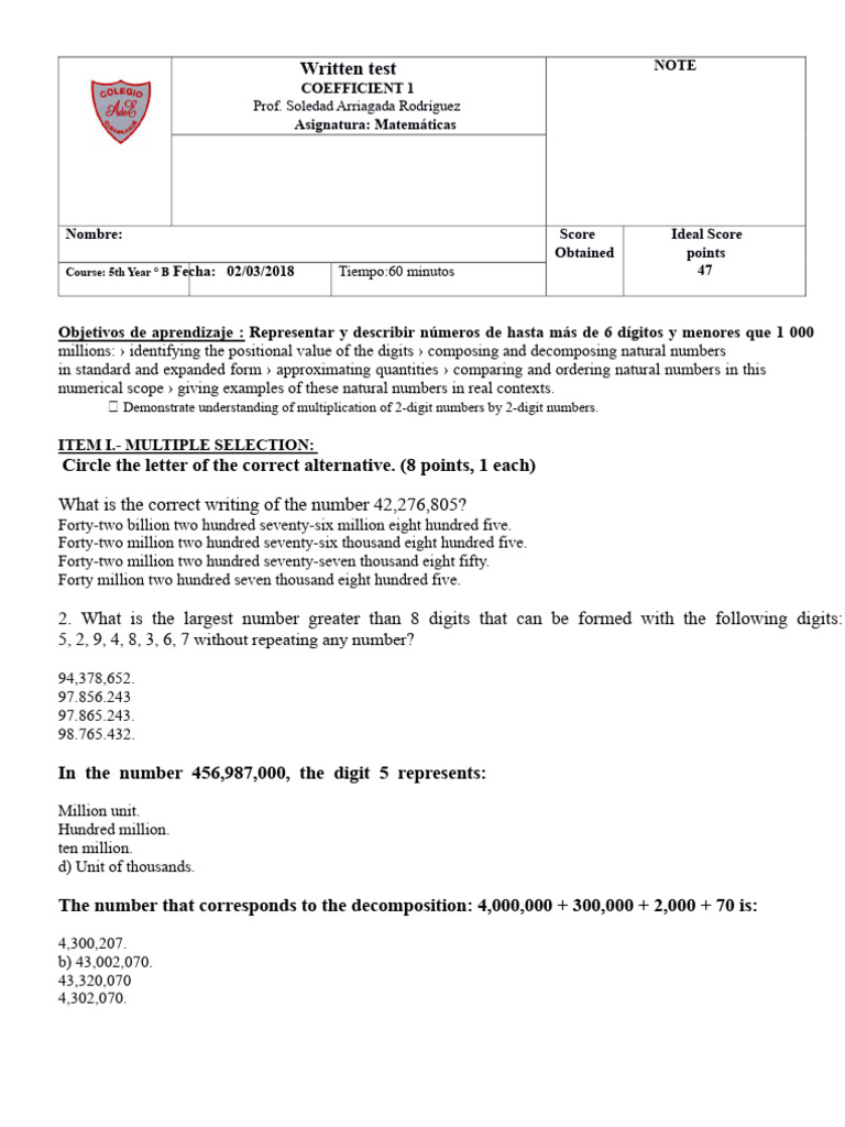 Written test large numbers 5 basic.docx | PDF | Numbers | Multiplication