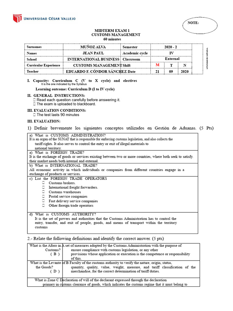 Partial Exam 1 - Customs Management - Muñoz Alva Jean Paul | PDF | Customs | Curriculum