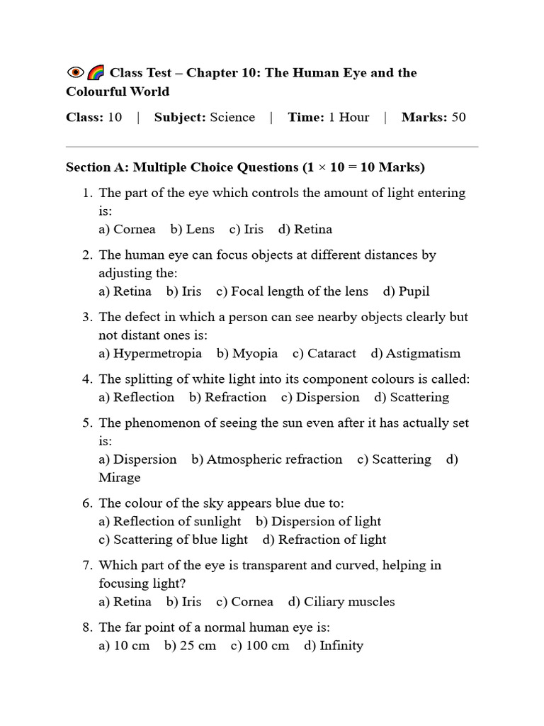Human Eye Test 50 Marks With Answerkey | PDF | Eye | Human Eye