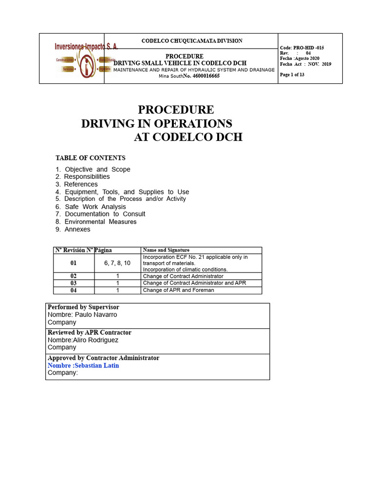 Codelco DCH Small Vehicle Driving Procedure | PDF | Occupational Safety ...