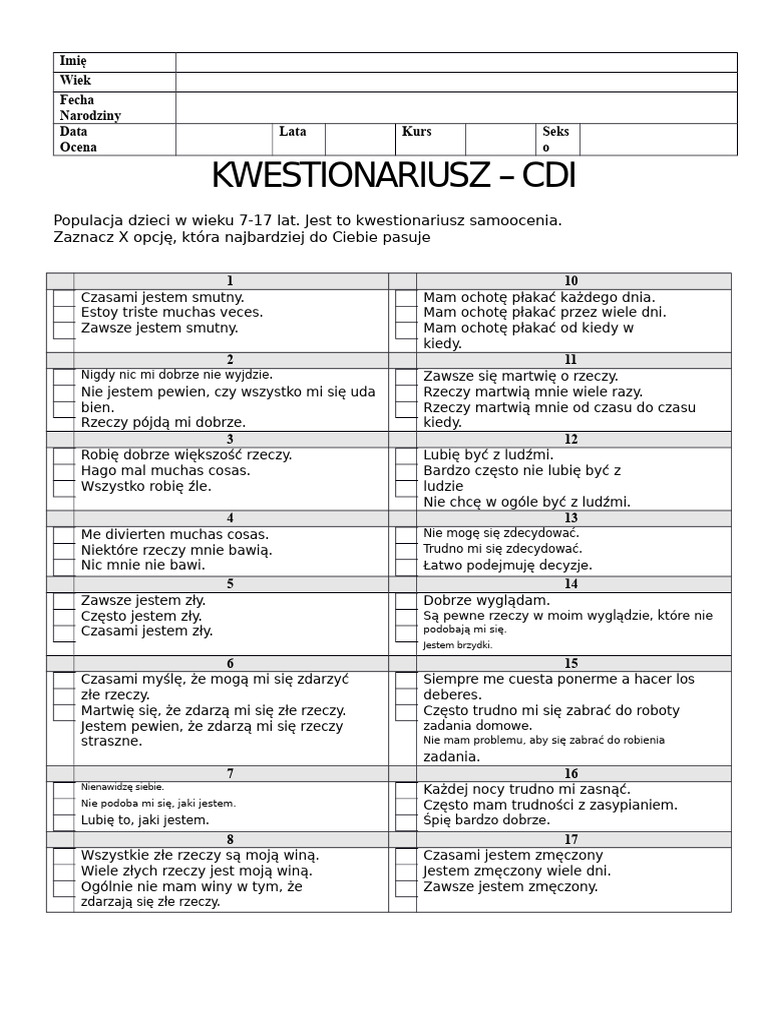 Kwestionariusz - Cdi Word | PDF