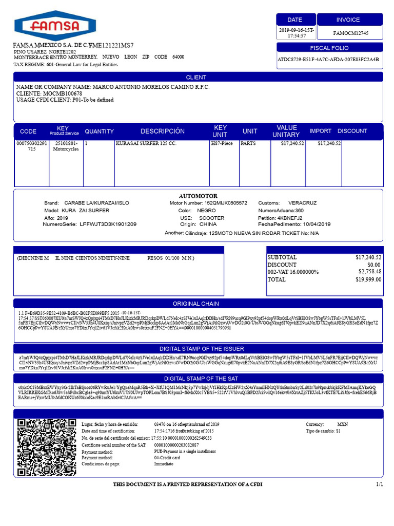 Invoice Moto Kurasai 2019 | PDF | Mexican Peso | Invoice