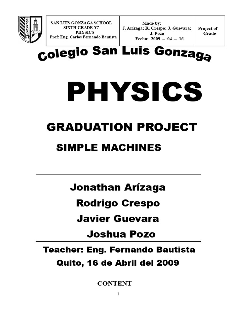 Physics Undergraduate Project | PDF | Force | Machines