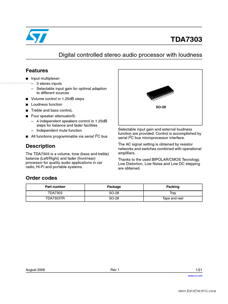 (Tda 7303) - Digital Controlled Stereo Audio Processor With Loudness. | PDF | Electrical ...