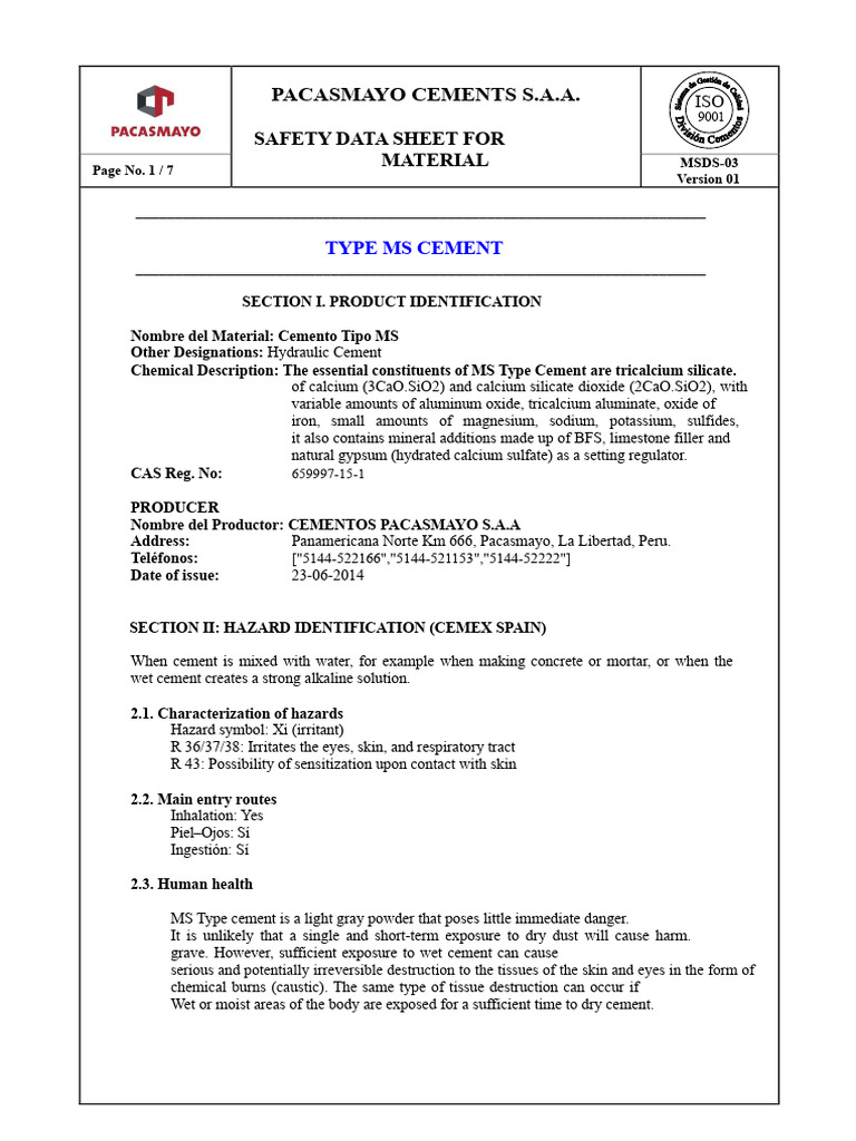 MSDS of Pacasmayo Cement | PDF | Cement | Dermatitis