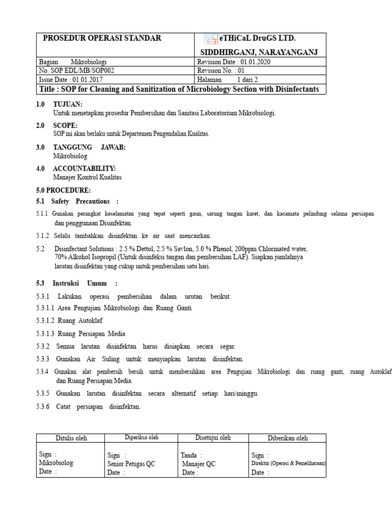 SOP untuk pembersihan dan sanitasi bagian mikrobiologi dengan disinfektan | PDF