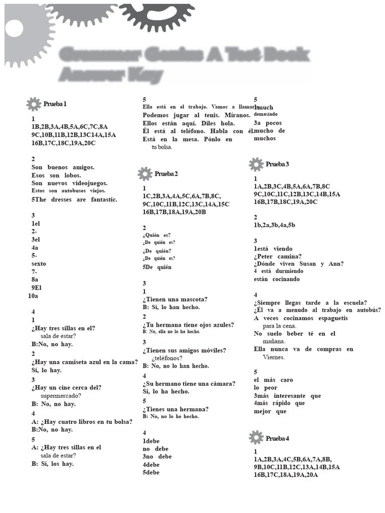Clave Del Cuadernillo de Pruebas de Gramática Genio 1 | PDF | Gramática ...