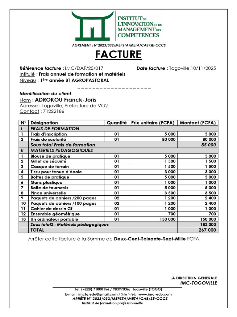 Facture de formation IMC Togoville 2025 | PDF
