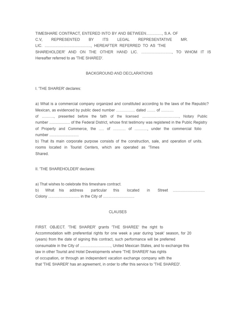 Timeshare Contract Agreement Template | PDF | Common Law | Business Law
