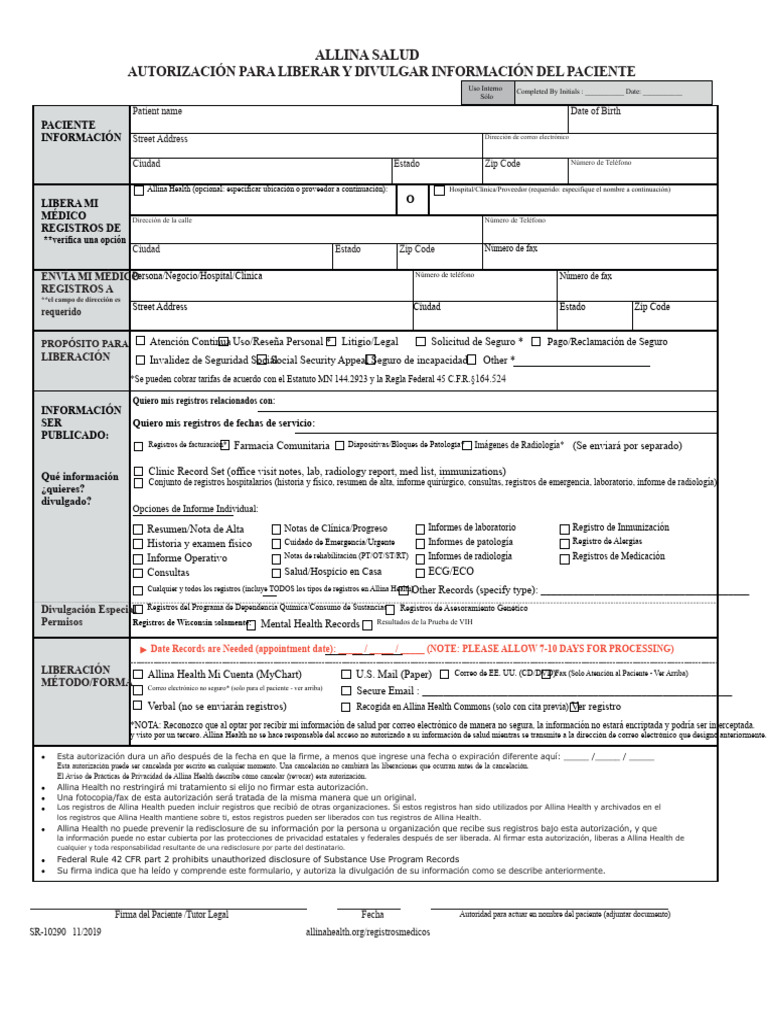 Autorización de Allina Health para Liberar y Divulgar Información Del ...