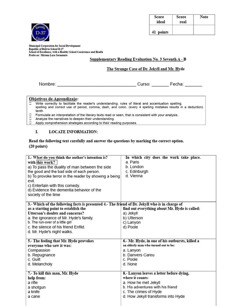 Jekyll and Hyde Reading Evaluation Test | PDF | Dr. Jekyll And Mr. Hyde ...