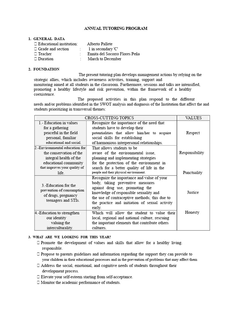 Annual Tutoring Program For First Grade of Secondary Education | PDF ...