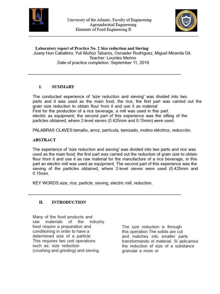 Size Reduction and Sieving of Rice | PDF | Mill (Grinding) | Filtration