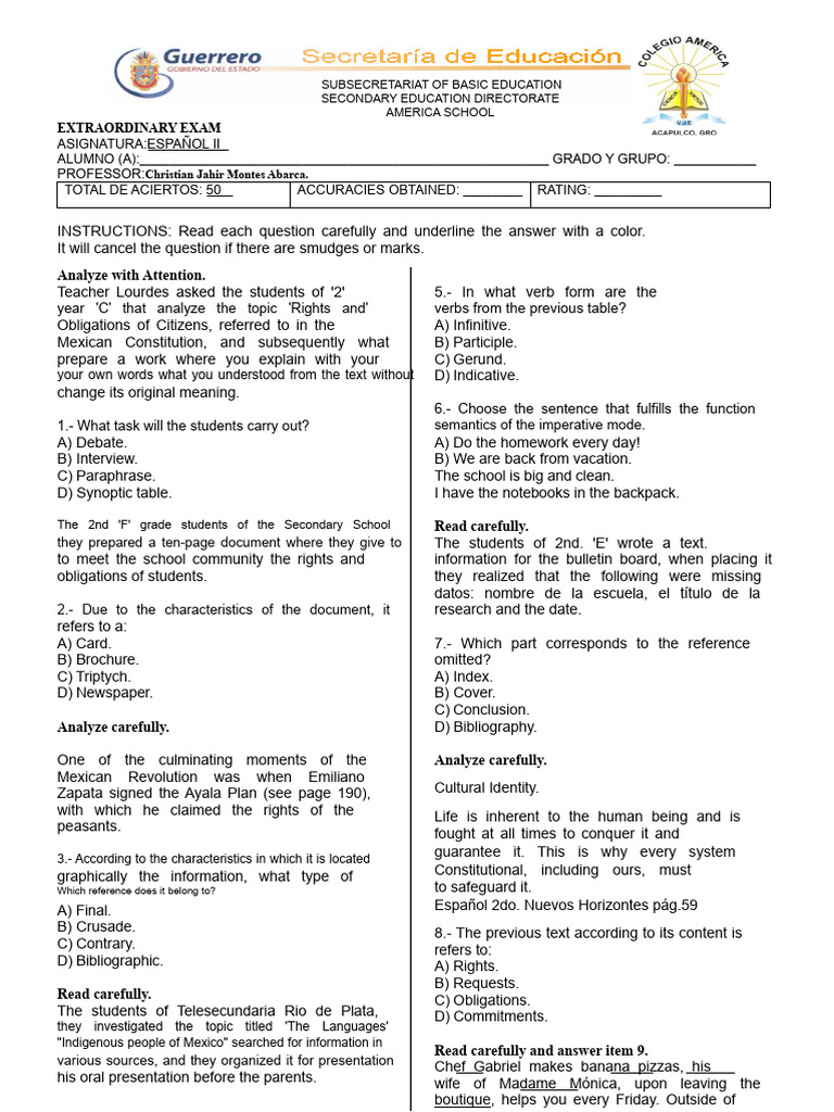 SPANISH EXAM 2nd | PDF | Subject (Grammar) | Verb