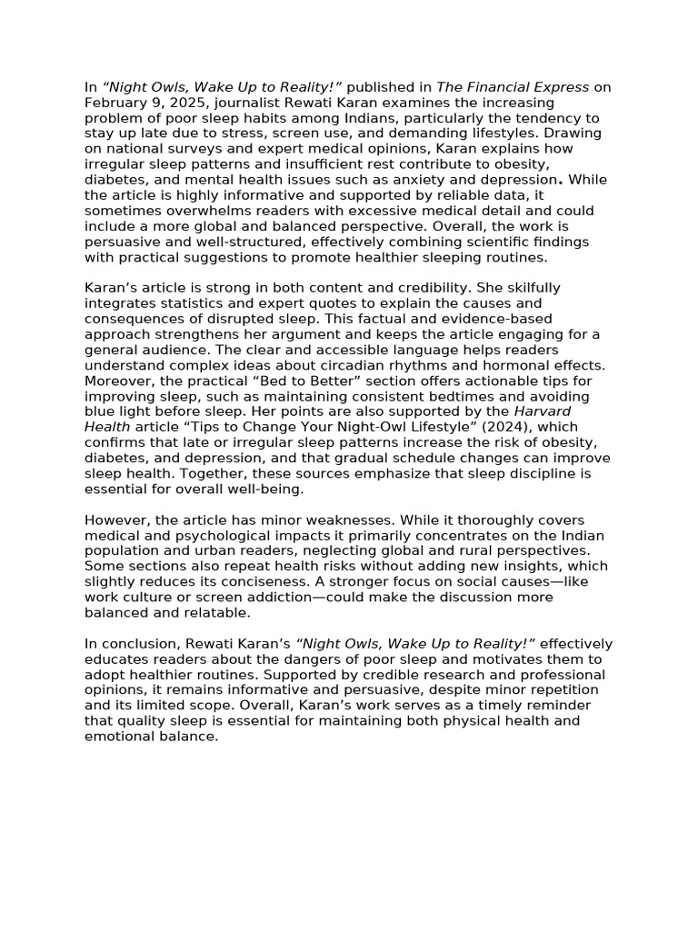 Critical Analysis Night Owl | PDF | Sleep | Major Depressive Disorder