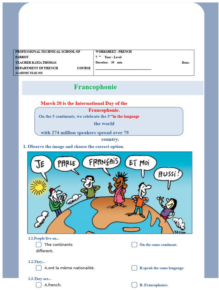 Francophonie Exercises For The Class | PDF | French Language | Linguistics